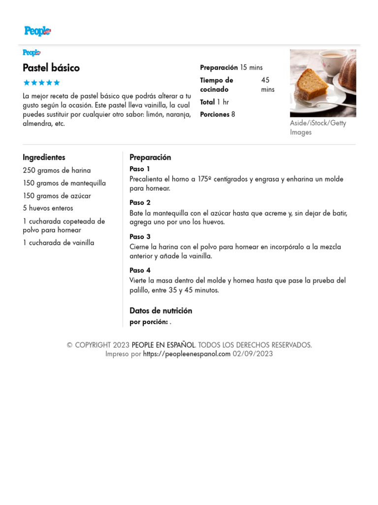 Receta de pastel básico y sus ingredientes | PDF