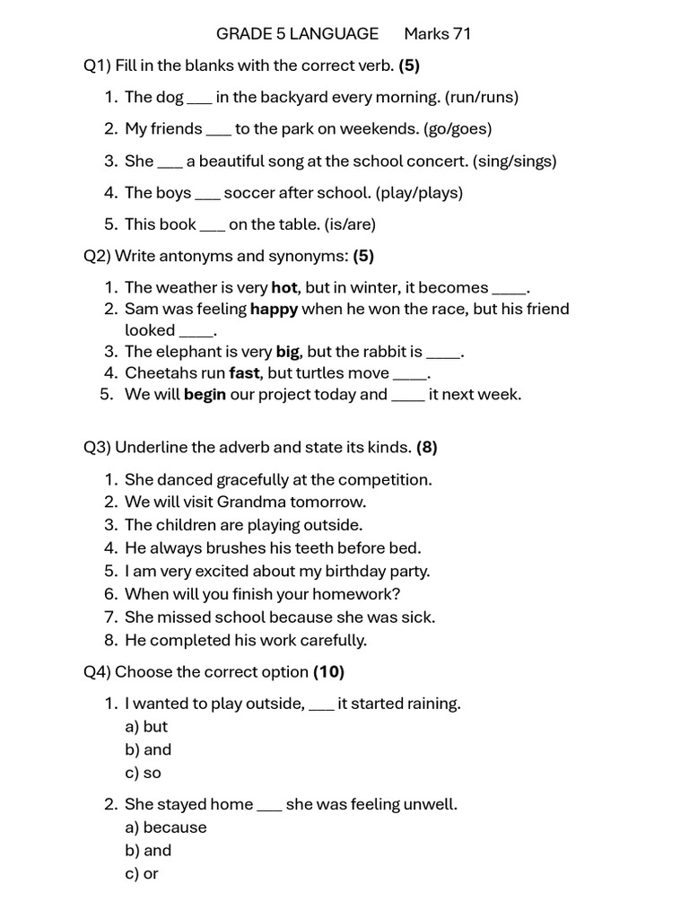 GRADE 5 LANGUAGE Marks 71 | PDF