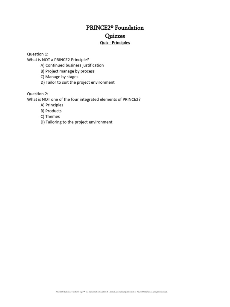 PRINCE2 Foundation (Quizzes) | PDF | Risk | Project Management
