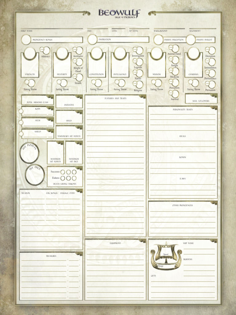 Beowulf Character Sheet Template | PDF | Tabletop Games | Role Playing ...