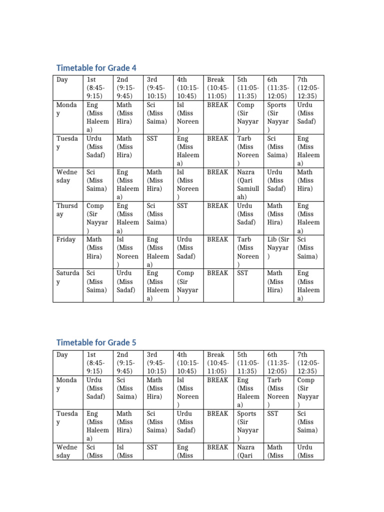 Weekly Timetable for Grades 4-7 | PDF