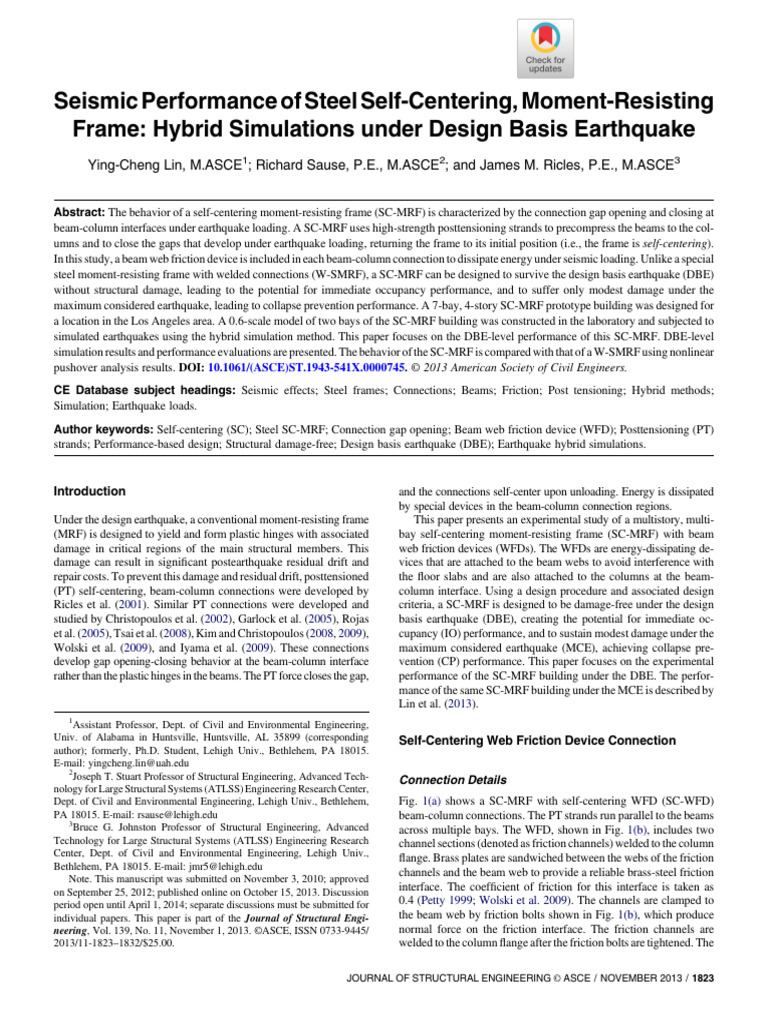 Ricles Seismic Performance of Steel Self-Centering, Moment-Resisting Frame Hybrid Simulations ...