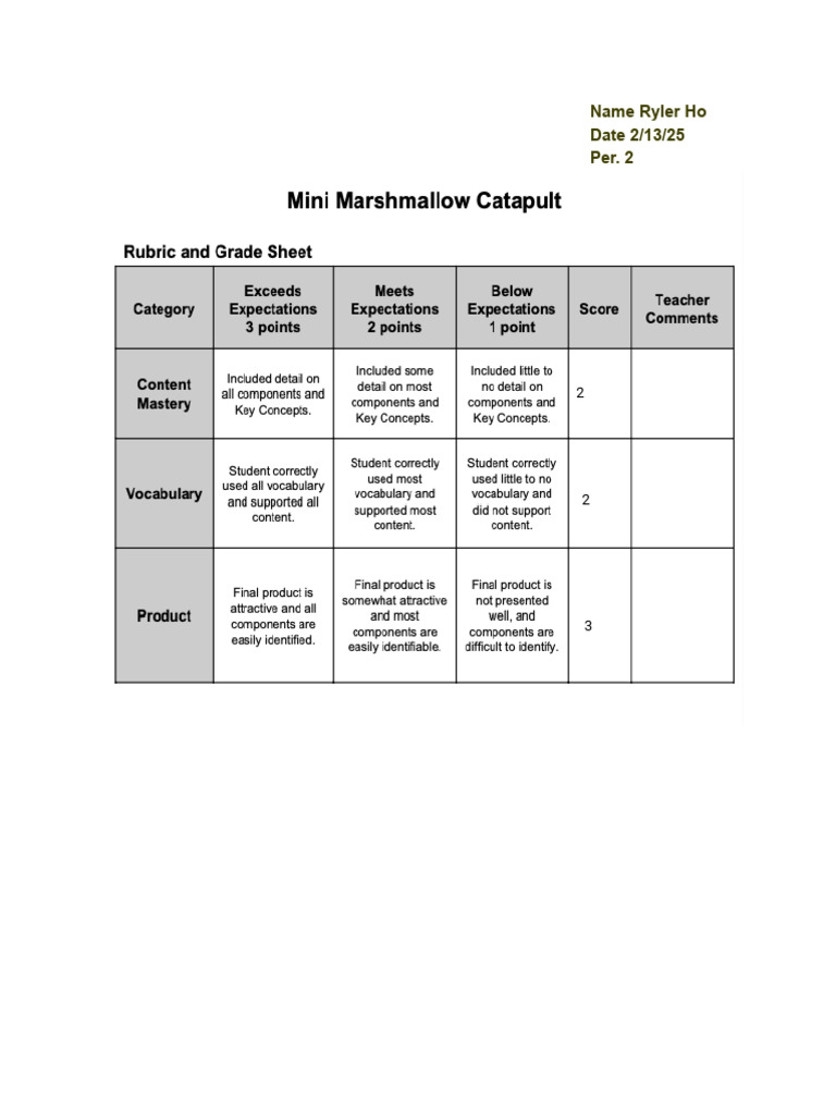 Kami Export - Ryler Ho - Mini Marshmallow Catapult Rubric - 7206562 | PDF