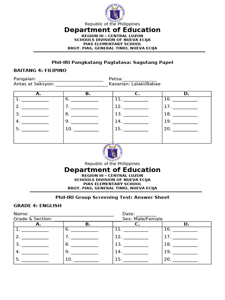 Phil IRI GST Answer Sheet SAGUTANG PAPEL | PDF