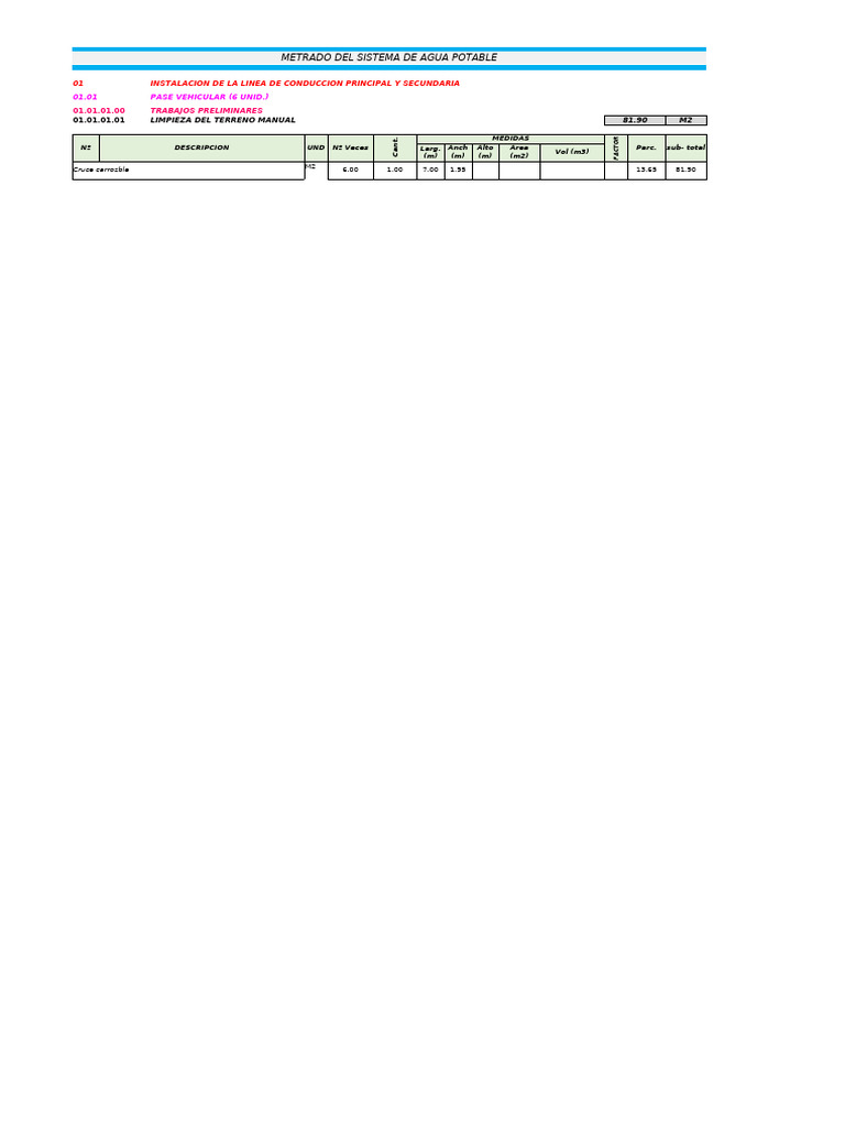 Metrado Agua Potable Pase Vehicular | PDF | Materiales | Materiales de construcción