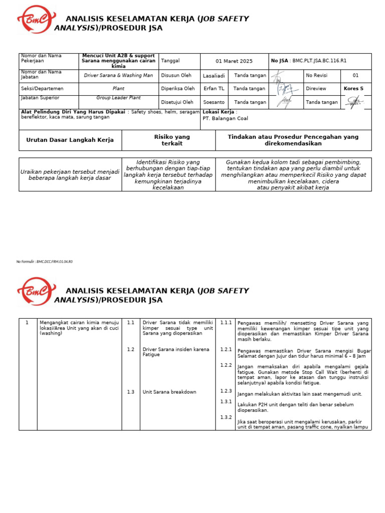 BMC.PLT.JSA.BC.116.01. Mencuci Unit A2B & Sarana menggunakan cairan ...