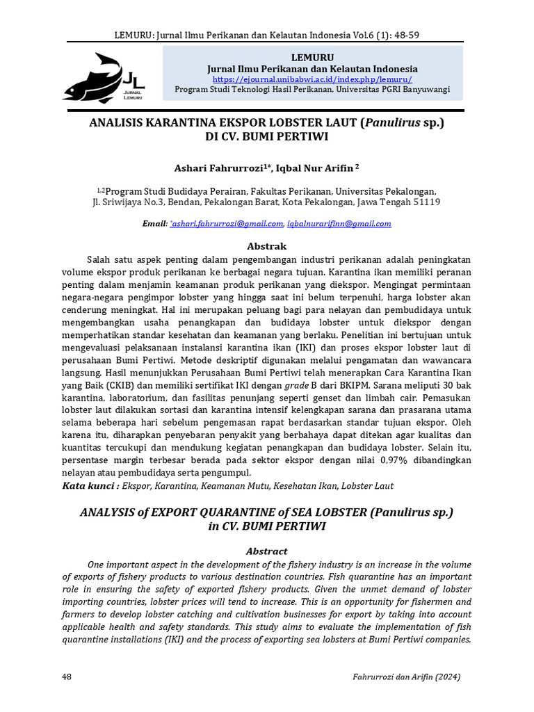Analisis Karantina Ekspor Lobster Laut | PDF