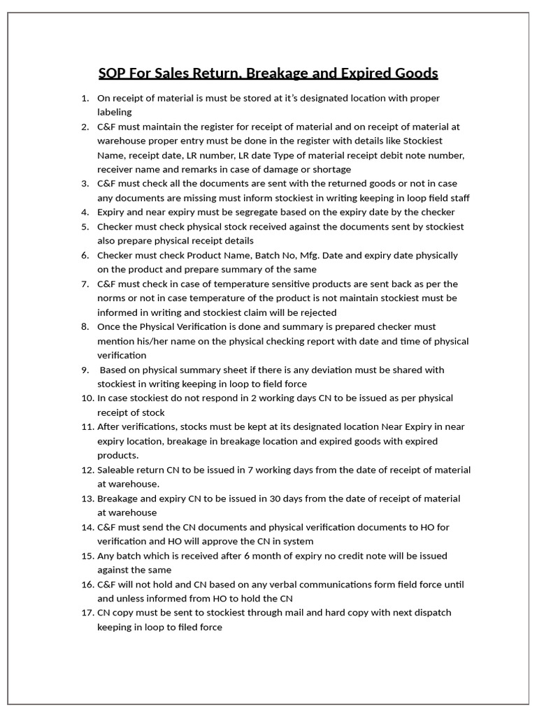 SOP For Sales Return, Breakage & Expiry | PDF