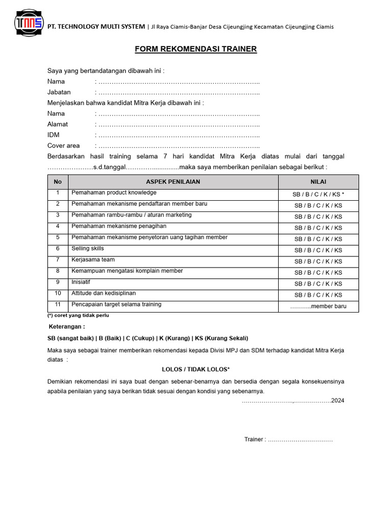 Form Rekomendasi Trainer | PDF