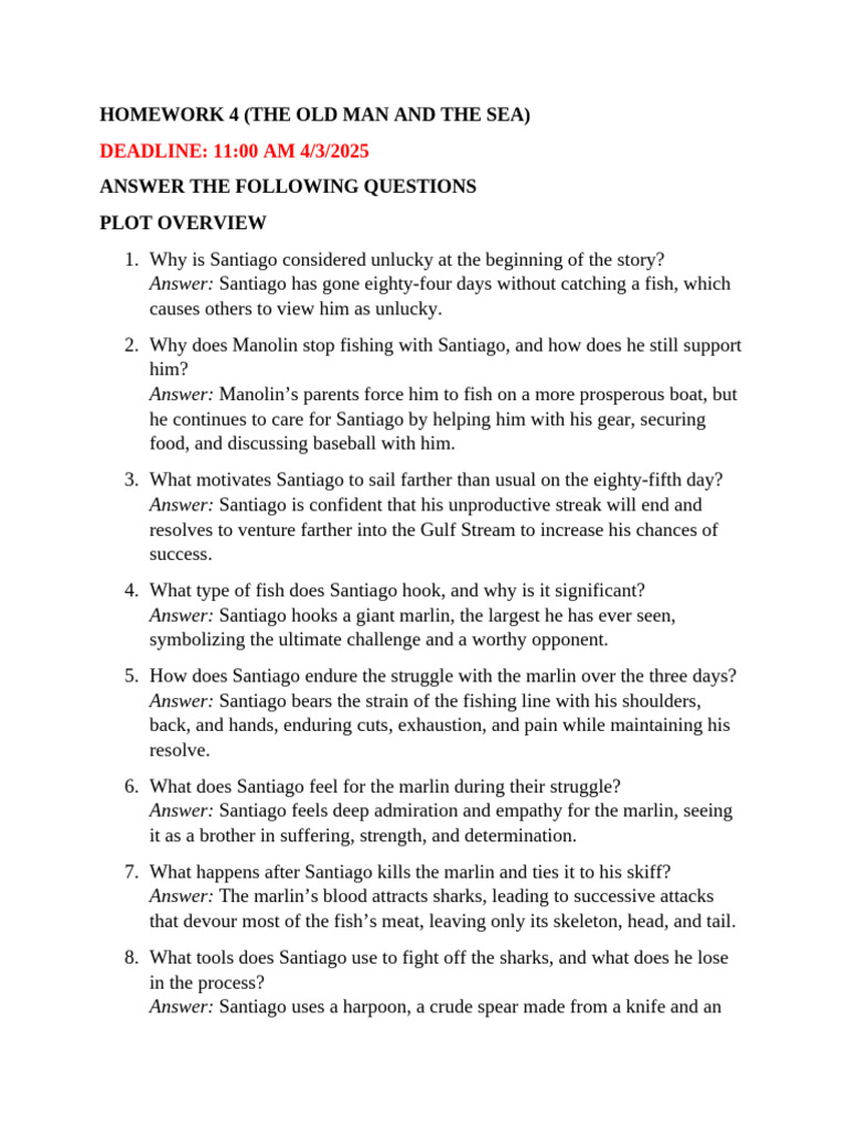 The Old Man and the Sea Homework Guide | PDF