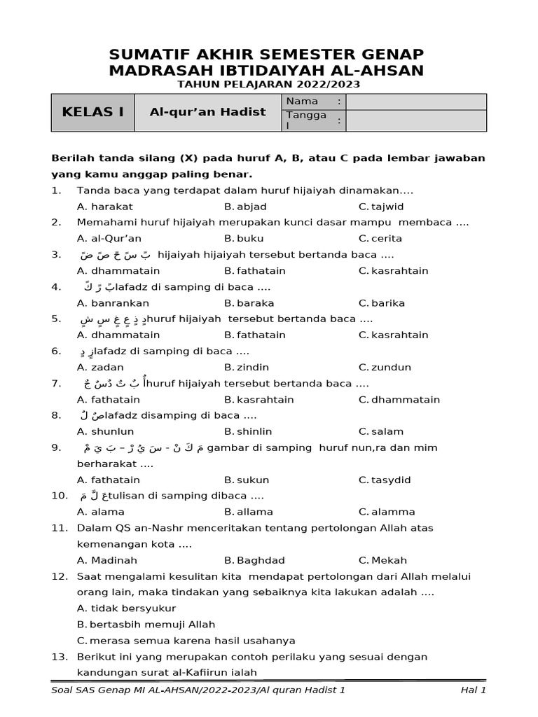 NASKAH SOAL PAT - 2023 - (Form Kelas 1-2) | PDF