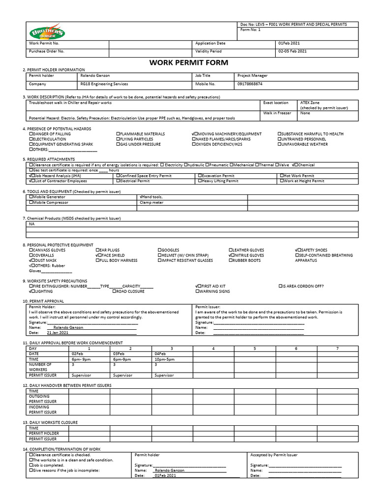 Work Permit Form - Walk in Freezer Trouble Shooting NEW | PDF ...