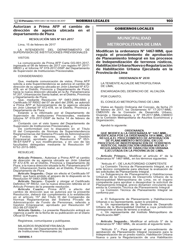 2017.03.01 Ord #2030-2017-MML - Modifica La Ord N°1467-MML, Que Regula ...