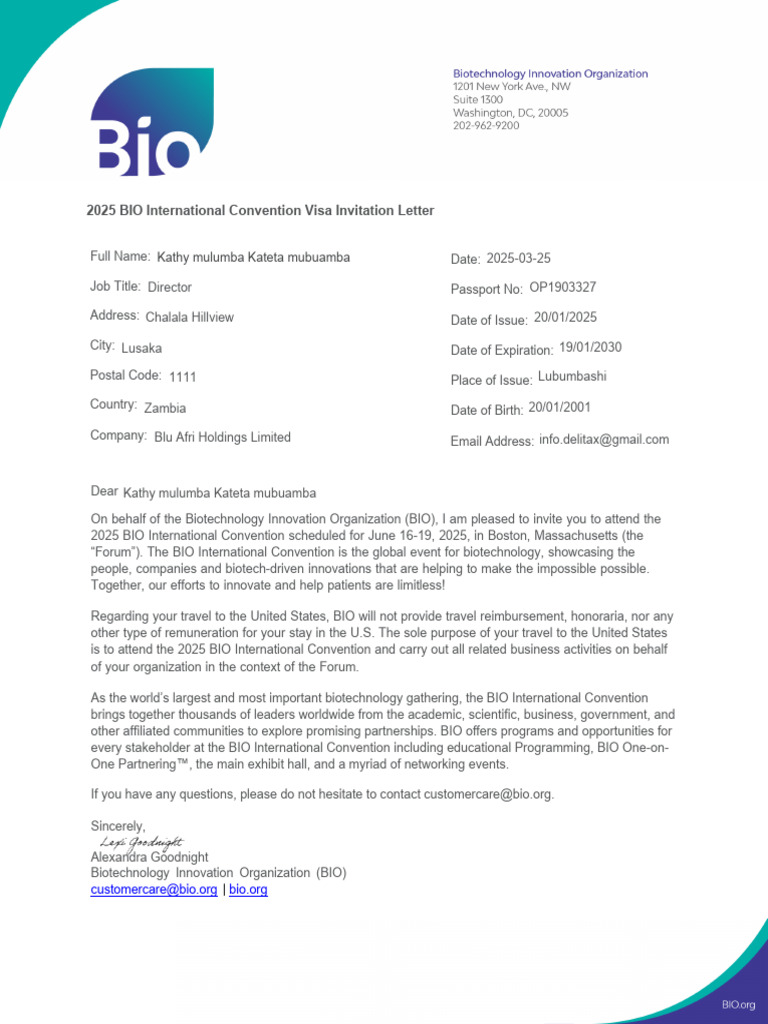 2025 BIO Convention Visa Invitation Letter | PDF