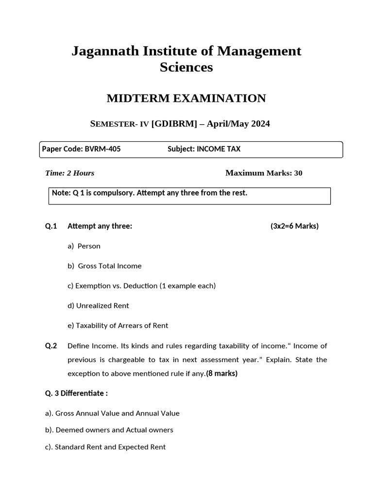 MID TERM QP-BVRM 405-Income Tax | PDF