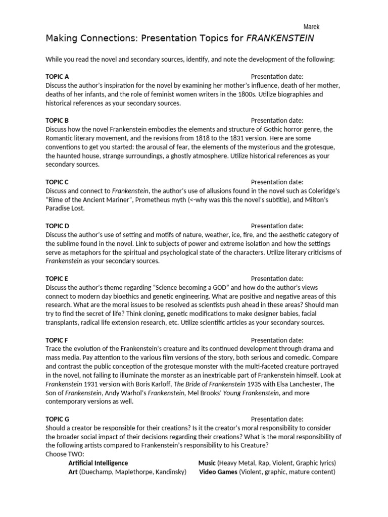 Presentation Topics for Frankenstein Analysis | PDF | Frankenstein ...