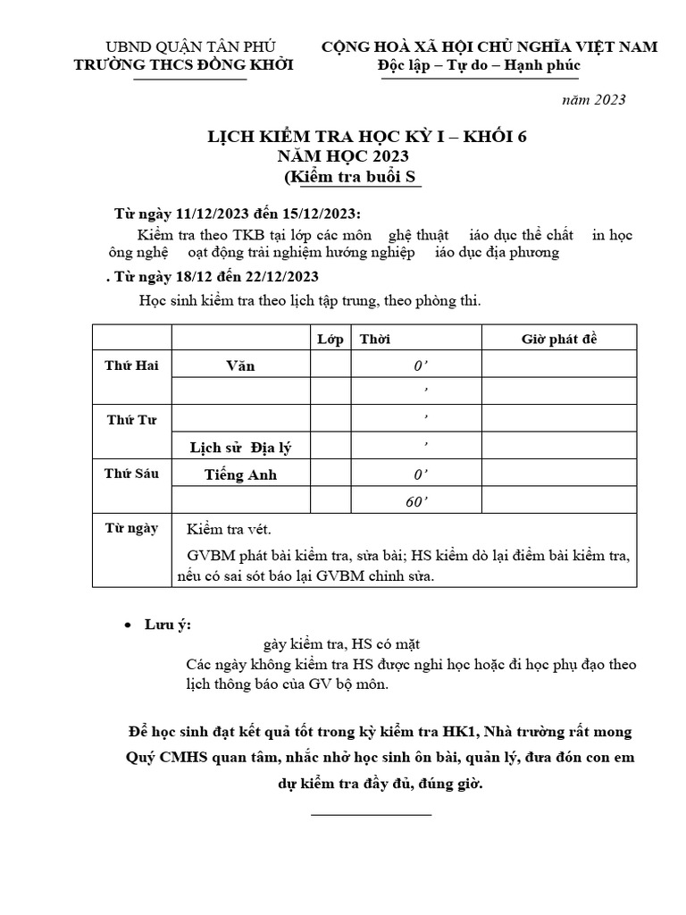 ĐK_LỊCH KT HK1_K6_2023-2024 | PDF