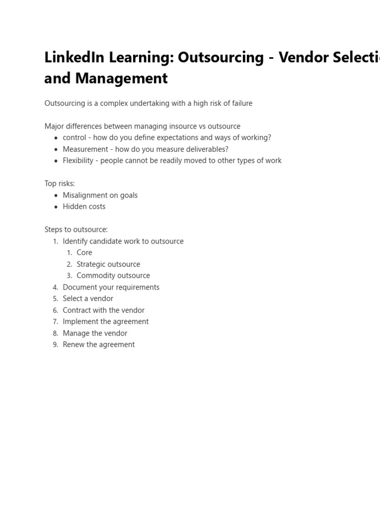 LinkedIn Learning Outsourcing - Vendor Selection and Management | PDF