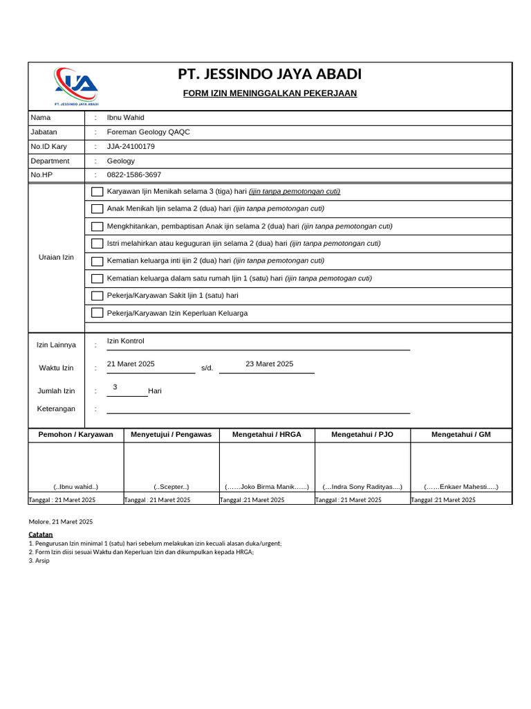 Form - Izin - Meninggalkan - Pekerjaan | PDF