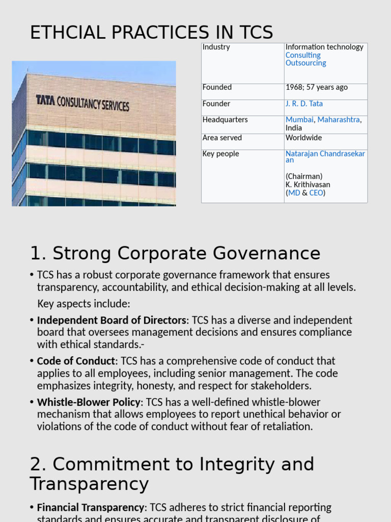 Ethical Practices in Tcs | PDF | Corporate Governance | Governance