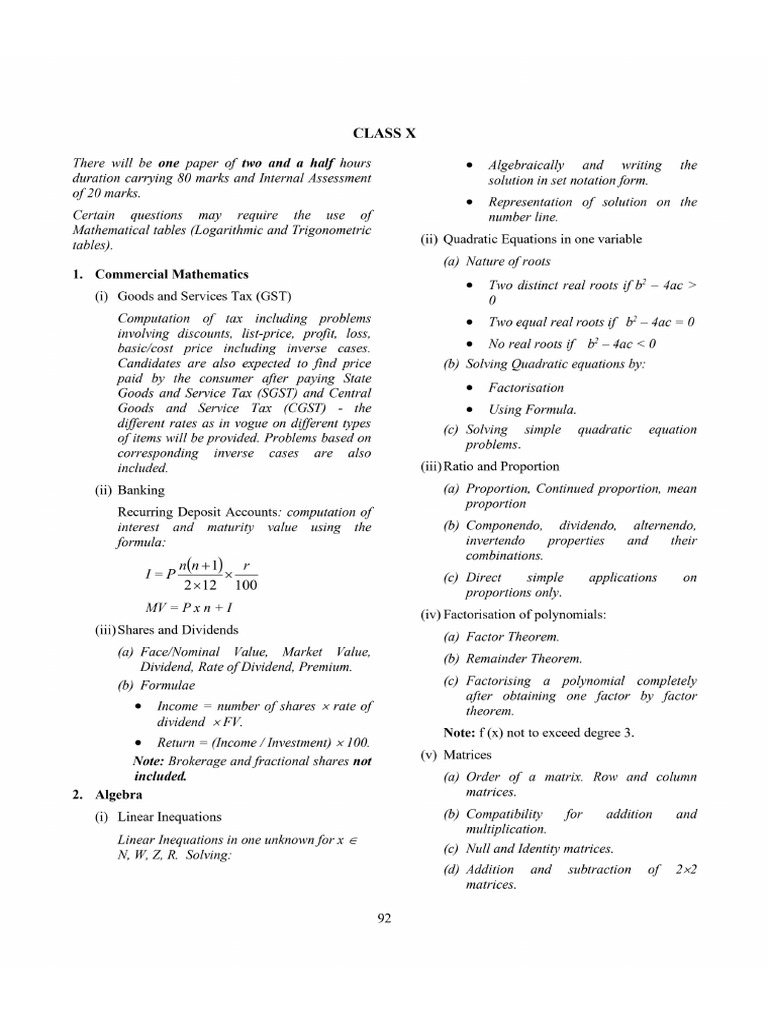 Icse X Mathematics Syllabus | PDF