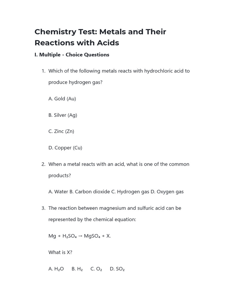 Chemistry Test - Metals and Their Reactions With Acids | PDF