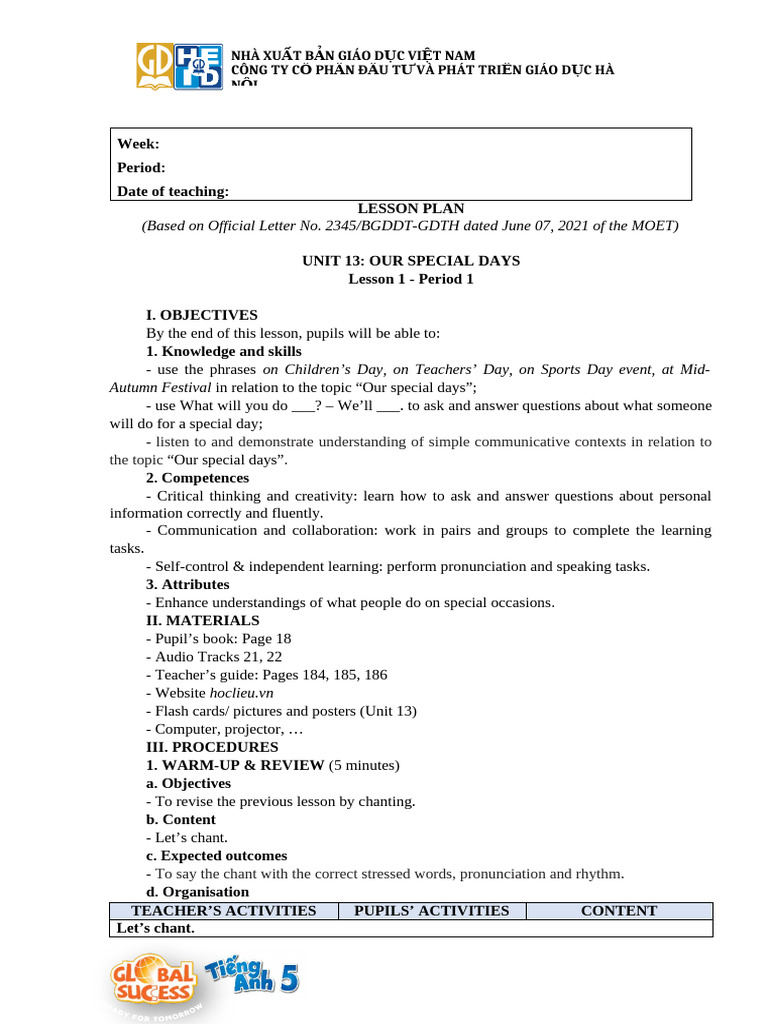 Lesson Plan: Special Days Activities | PDF | Lesson Plan | Teachers