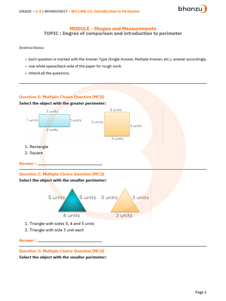 Grade 2-3 Perimeter Worksheet | PDF | Multiple Choice | Shape