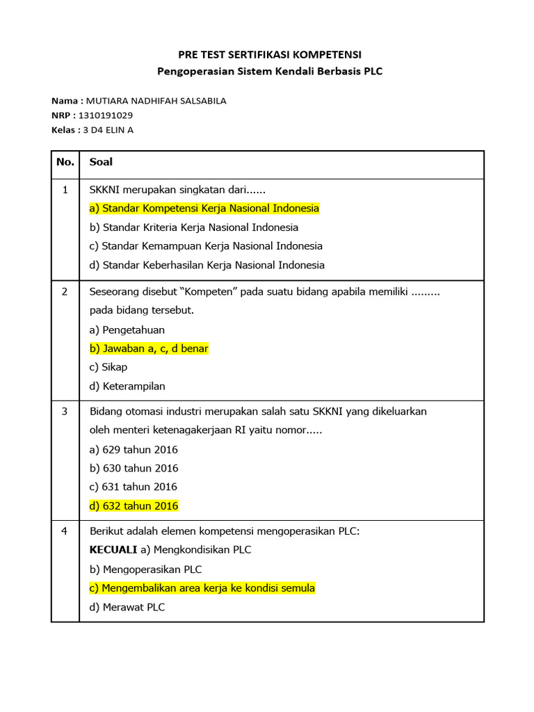 Jawaban PRE TEST Pilihan Ganda SERTIKOM PLC Omron | PDF