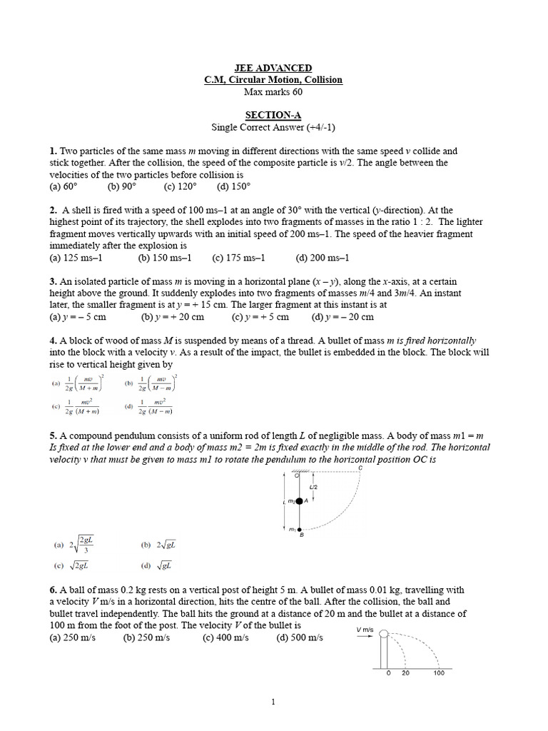 JEE ADVANCE (C.M Circular Motion - Collision) Paper 1 | PDF | Collision ...