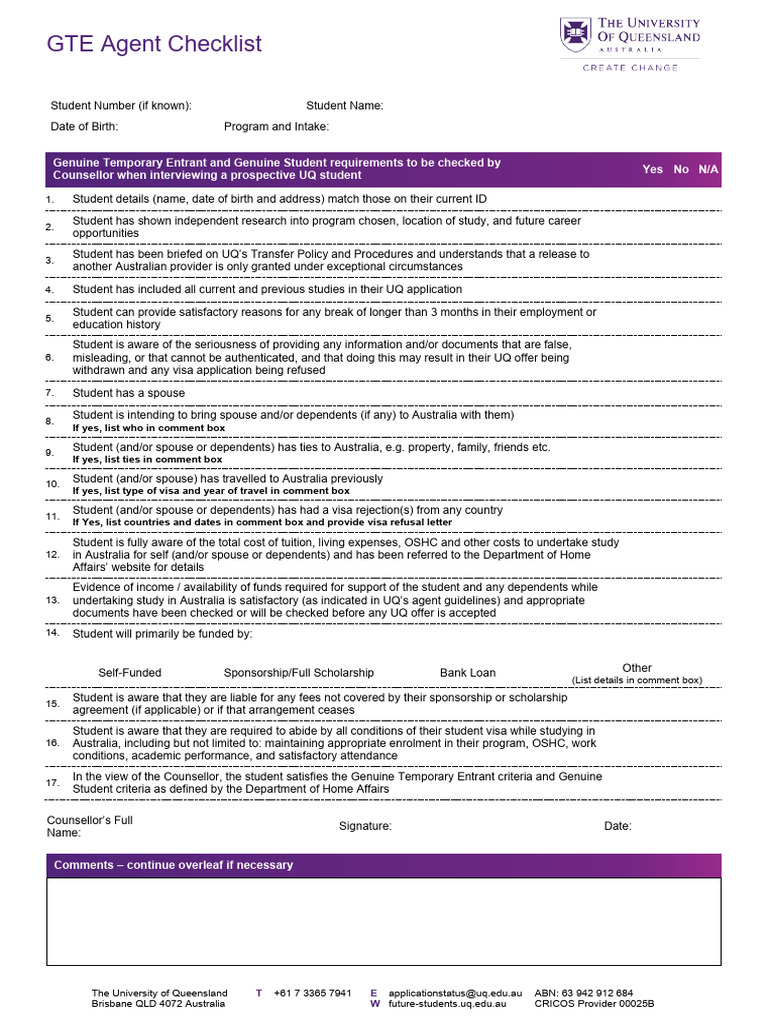 1710409365288-UQ - GTE - Agent Checklist - Form | PDF | Travel Visa