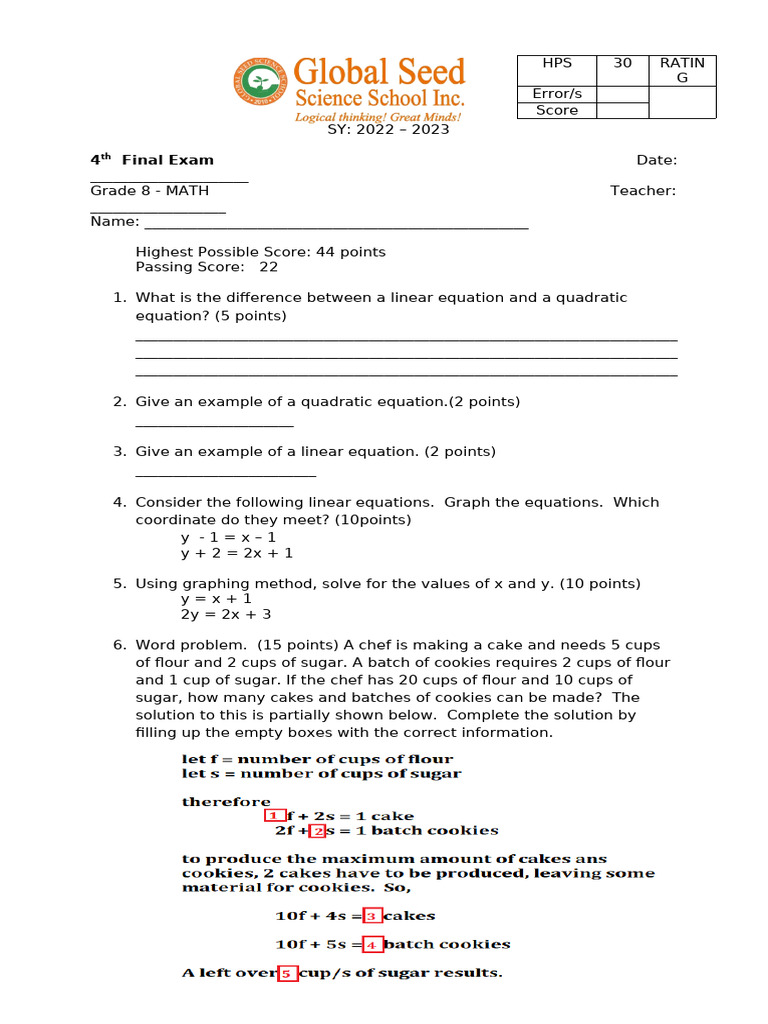 Math 8 Final Exam | PDF