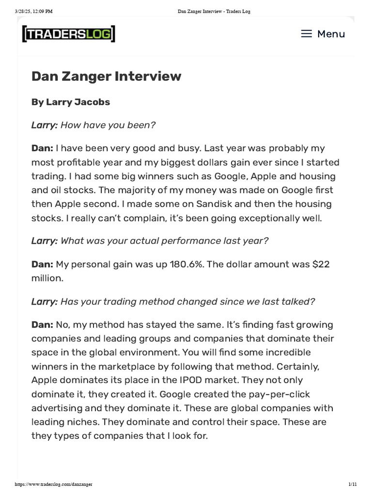 Dan Zanger's Trading Insights | PDF | Option (Finance) | Stocks