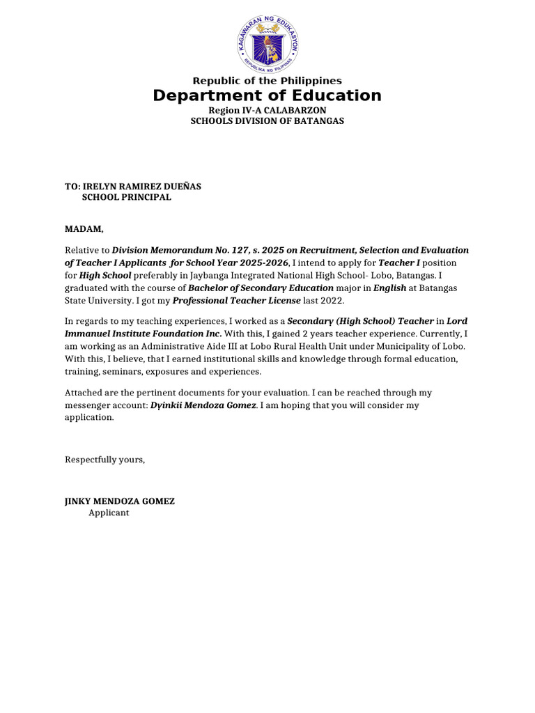 LETTER OF INTENT-JINKY GOMEZ | PDF