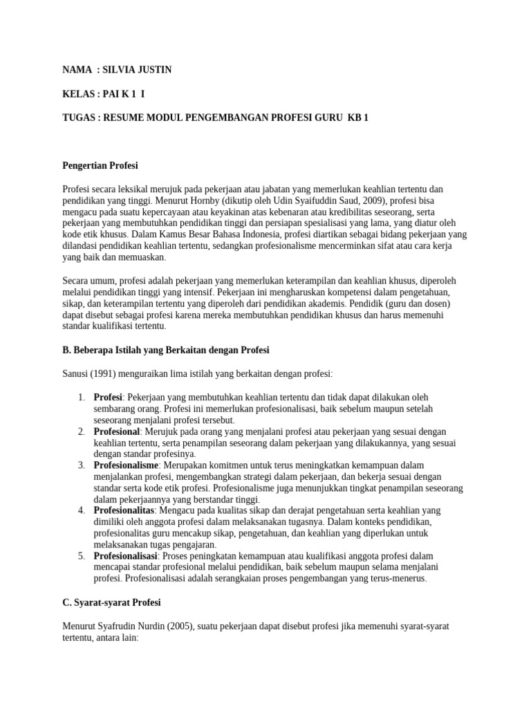 Resume Modul Pengembangan Profesi Guru KB 1 Ok | PDF