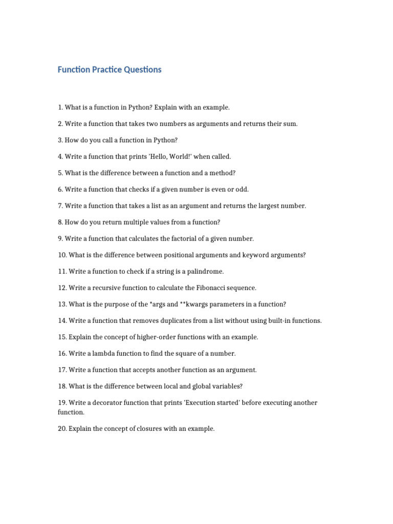Function Practice Questions | PDF