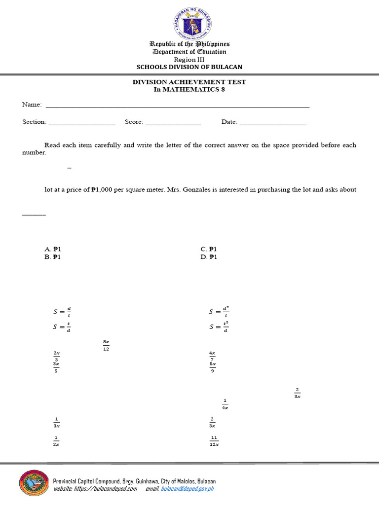 Mathematics 8 Division Achievement Test | PDF | Metre | Mathematics