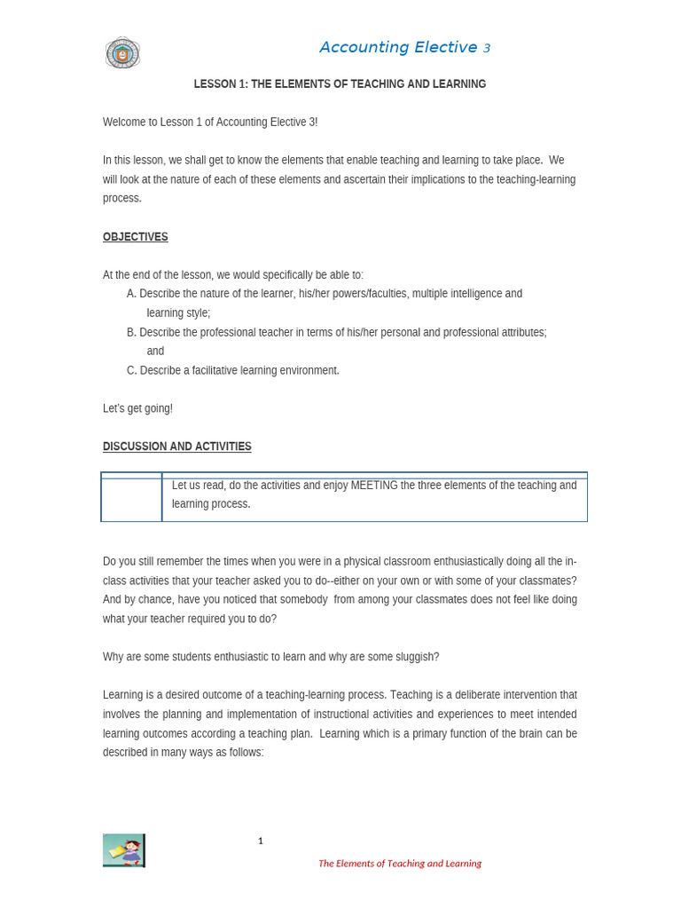 PMTA LESSON 1 - The Elements of Teaching and Learning | PDF | Learning Styles | Learning