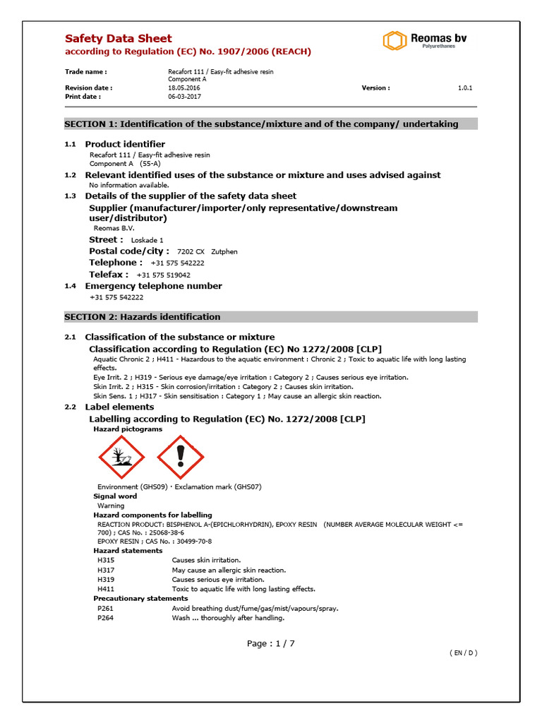 MSDS Recafort 111 A COMP. | PDF | Epoxy | Toxicity
