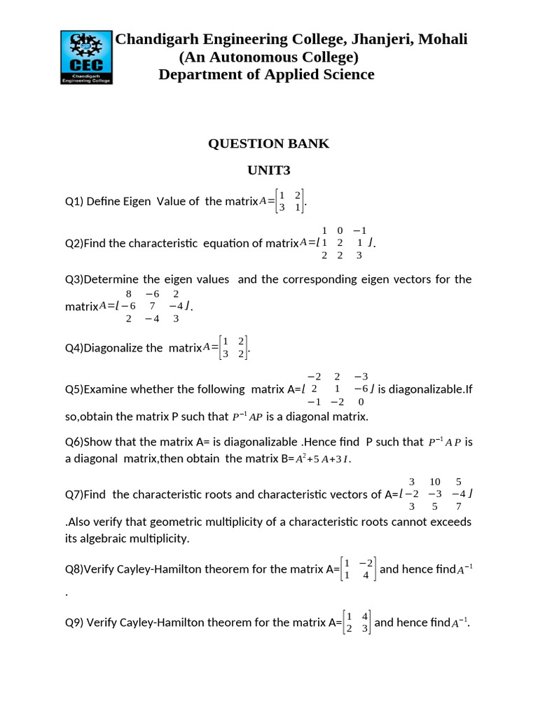 Questionbankunit3docx 2025 03 03 17 34 46 | PDF | Eigenvalues And Eigenvectors | Matrix ...
