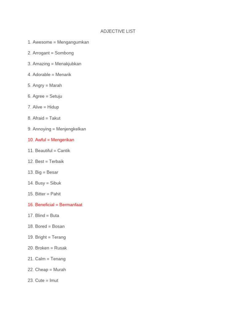 ADJECTIVE LIST | PDF