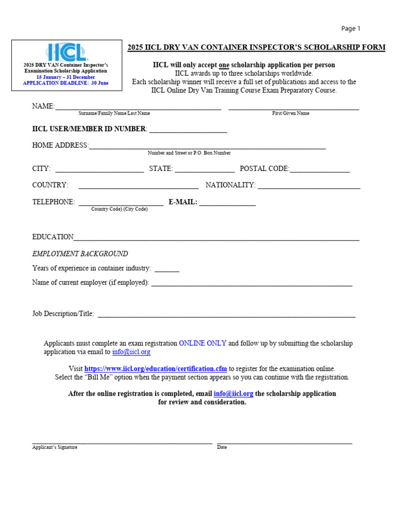 2025 IICL Scholarship Application Form | PDF