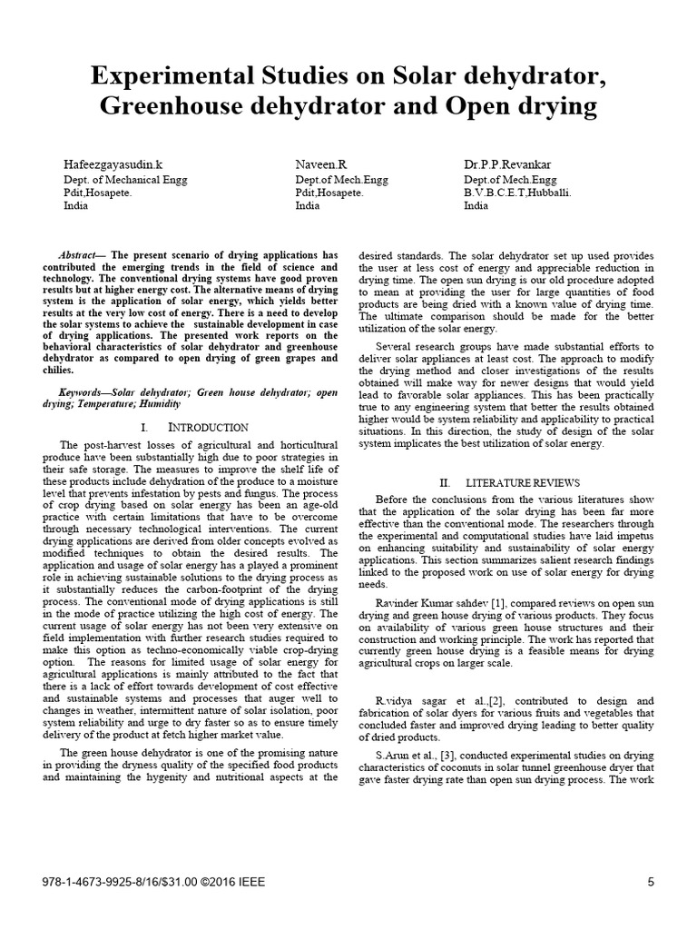 Experimental Studies On Solar Dehydrator Greenhouse Dehydrator and Open ...