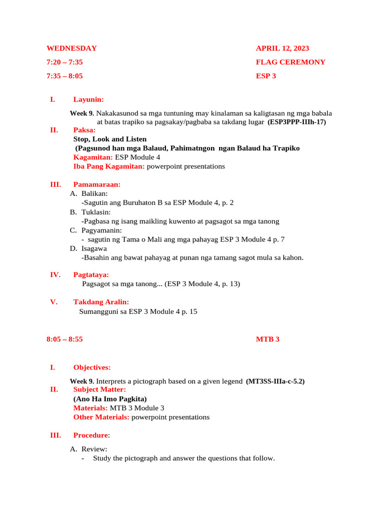 Weekly Lesson Plan for Grade 3 | PDF