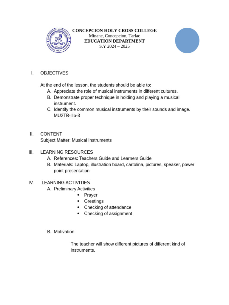 Musical Instruments Lesson Plan 2024 | PDF | Musical Instruments ...