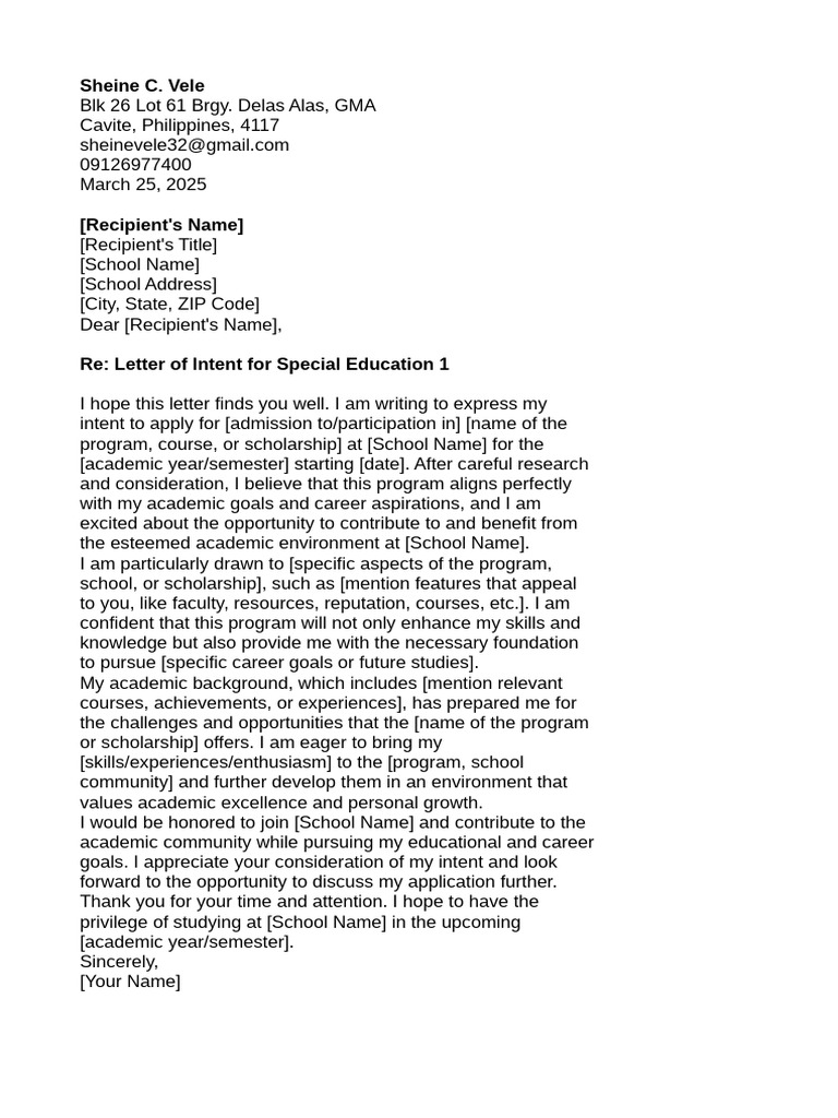 Letter of Intent for School Admission | PDF