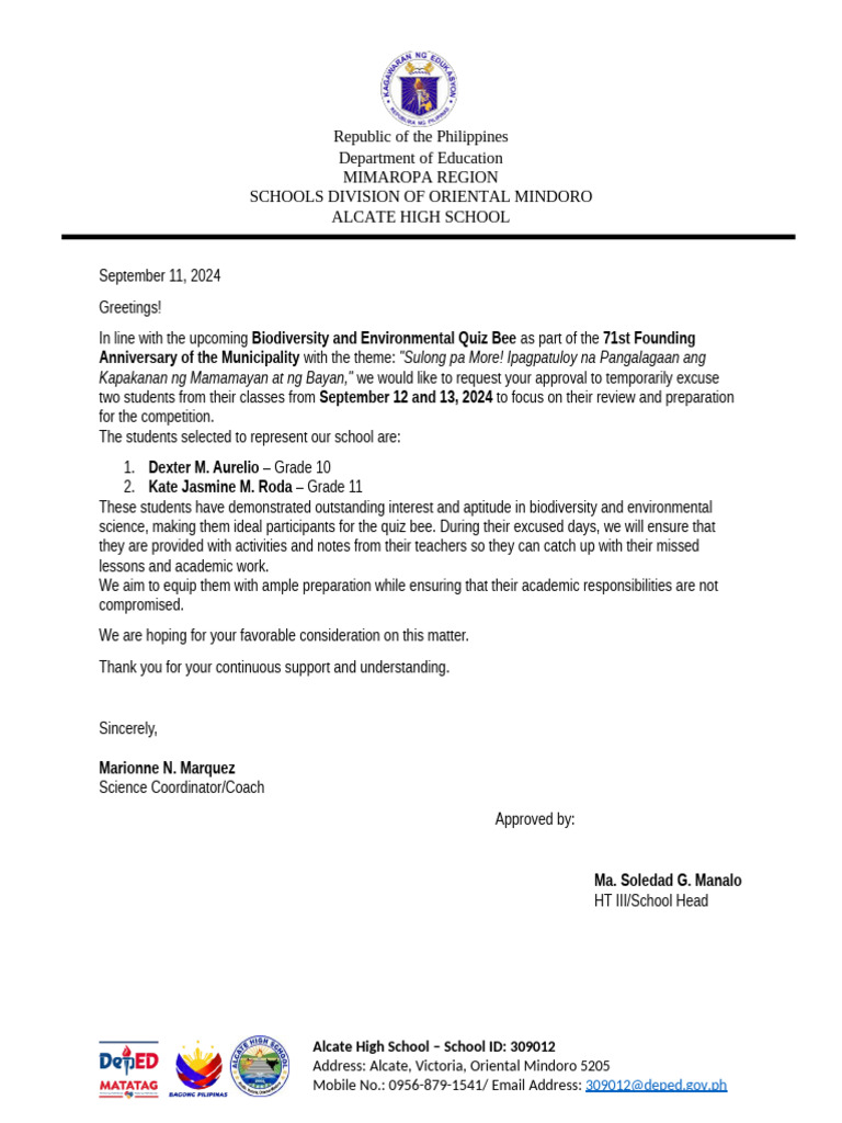 Student Excusal Request for Quiz Bee | PDF