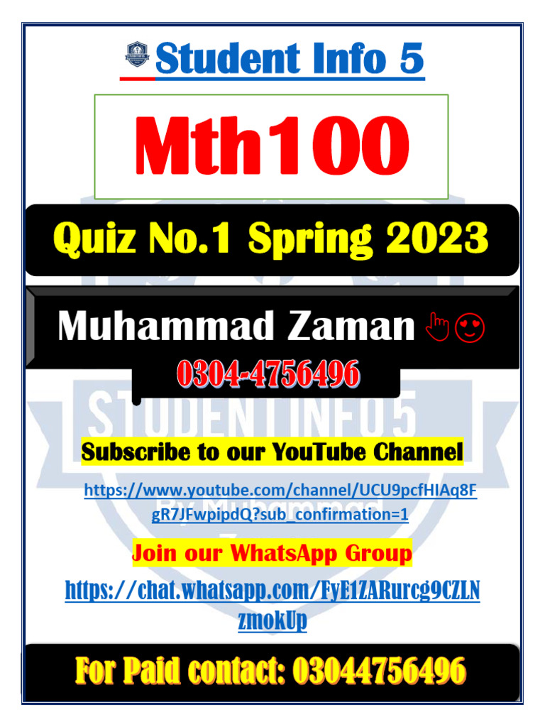Mth100 Quiz 1 2023 100% Right Solved by Muhammad Zaman-1 | PDF | Summation | Mathematics
