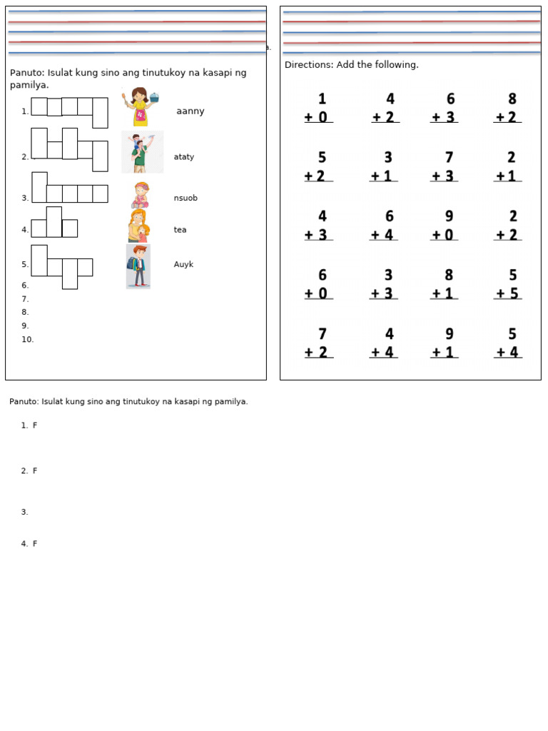 Pamilya and Addition Worksheet | PDF