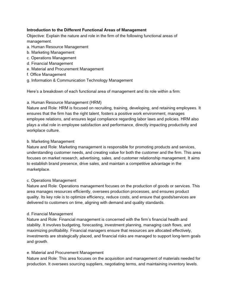 Introduction To The Different Functional Areas of Management | PDF ...